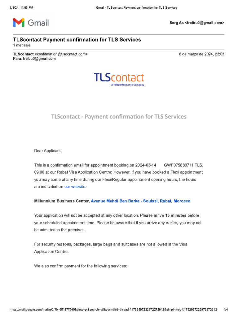 Gmail - TLScontact Payment confirmation for TLS Services (1) | PDF
