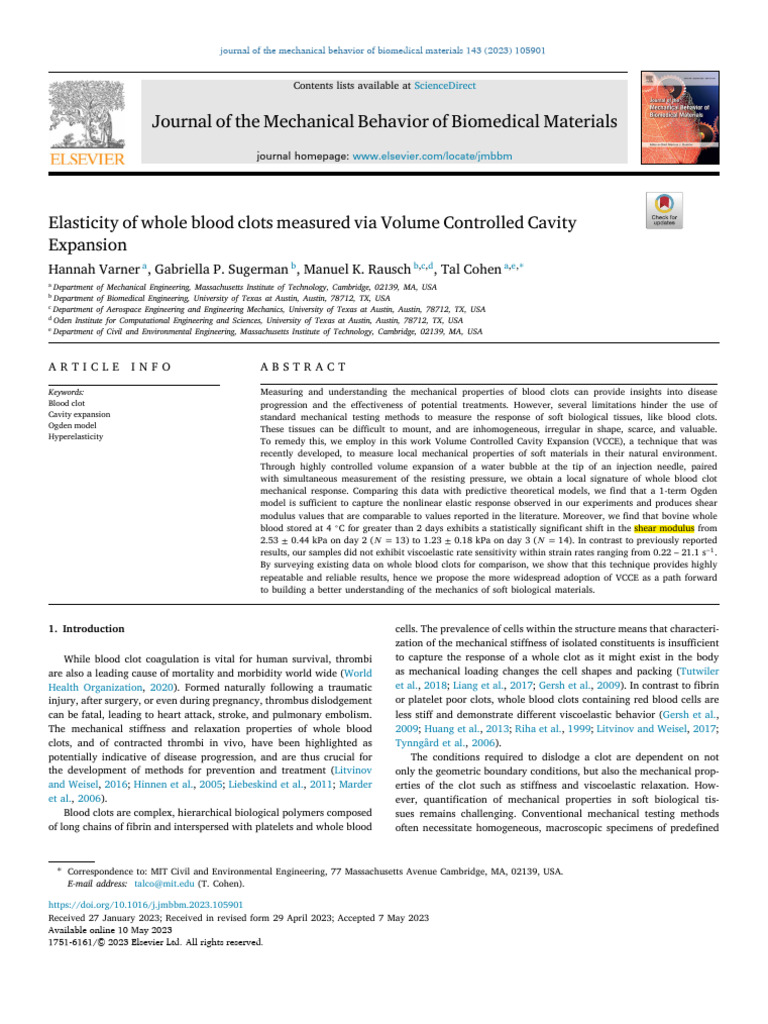 Elasticity of Whole Blood Clots Measured Via Volume Controlled Cavity ... Elasticity of Whole Blood Clots Measured Via Volume Controlled Cavity ...