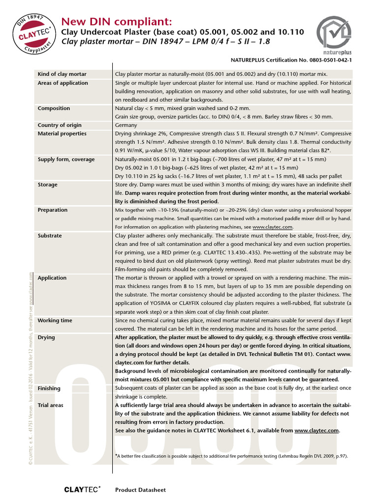 Claytec Undercoat Plaster Datasheet 2016 | PDF