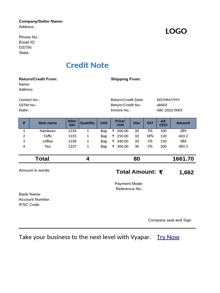 Excel-01 Credit Note | PDF