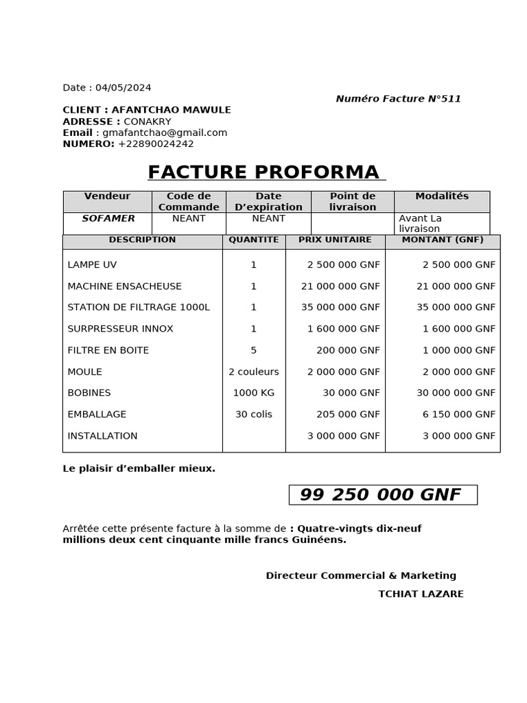 FACTURE PROFORMA Mawule | PDF