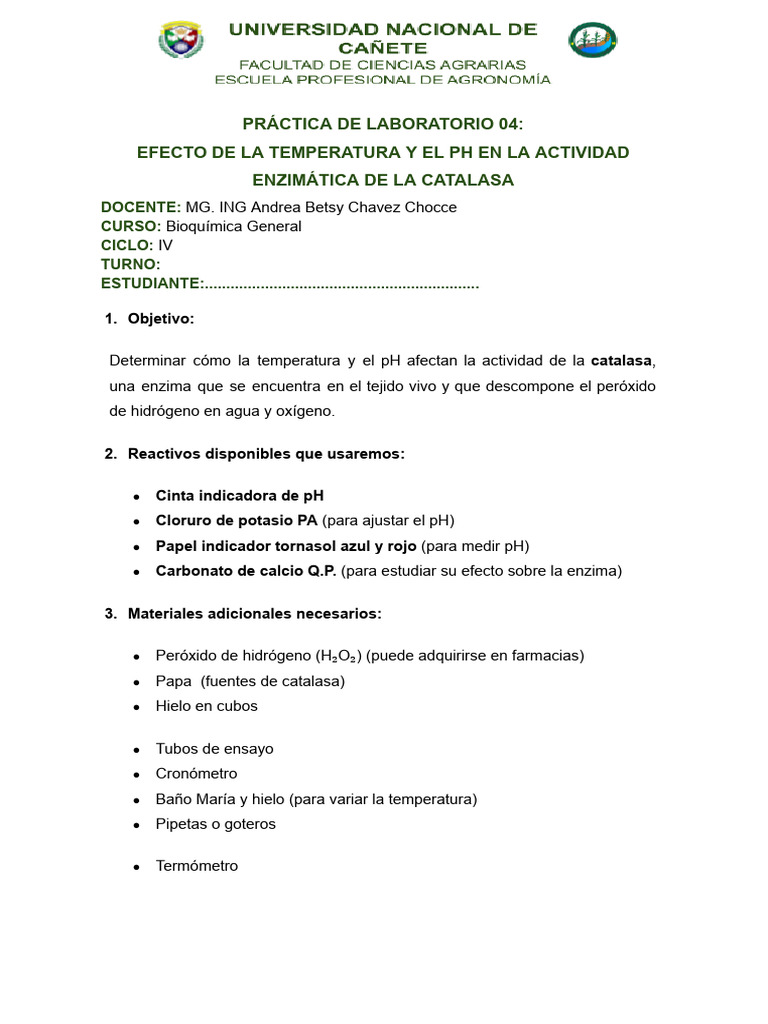 Práctica de Laboratorio 04 - Efecto de La Temperatura y El PH en La Actividad Enzimática de La ...