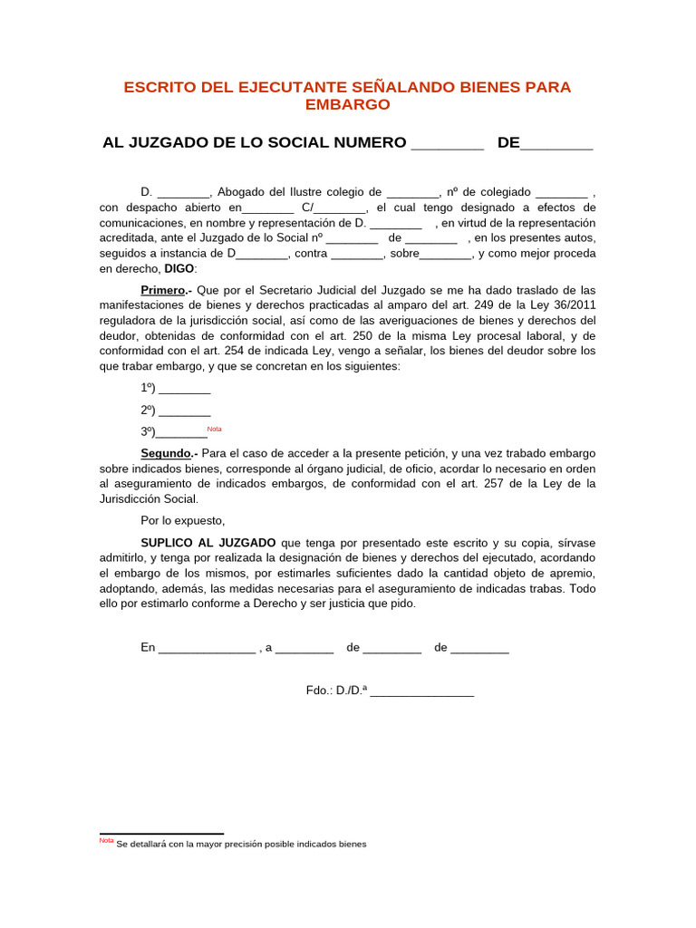 Escrito Del Ejecutante Señalando Bienes para Embargo | PDF