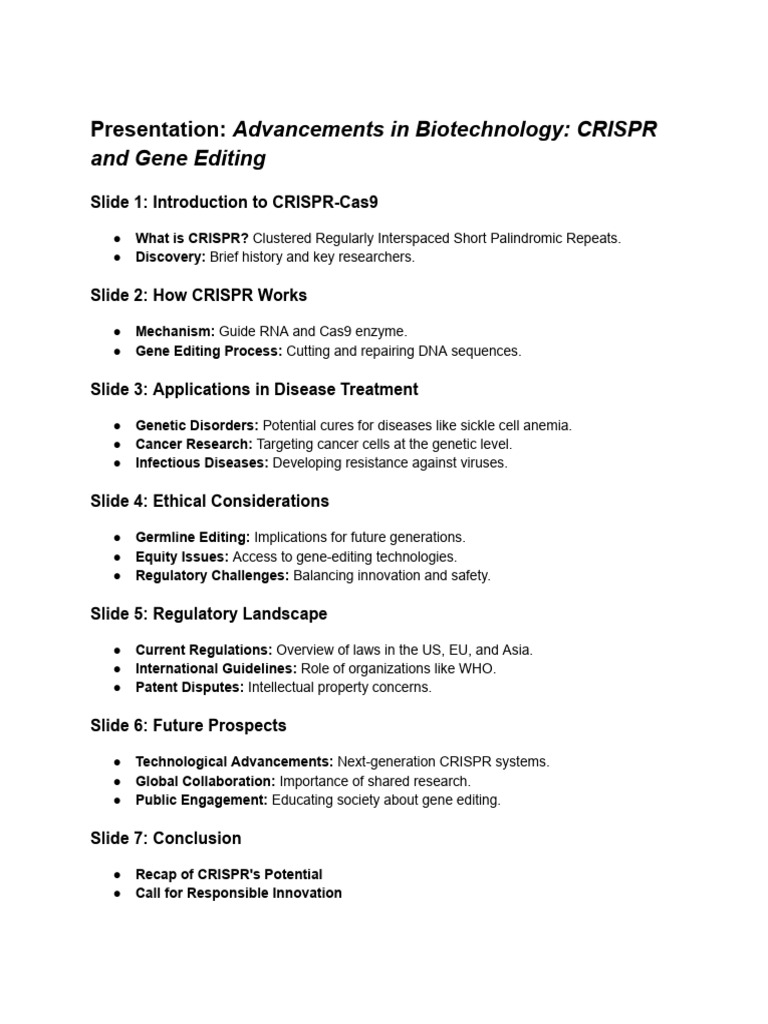 Presentation - Advancements in Biotechnology - CRISPR and Gene Editing | PDF