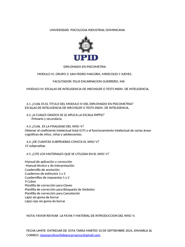 Tarea Modulo Iv, Grupo 2, Dip. Psicometria Upid | PDF
