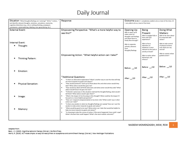 Thought Record ACT CBT - Daily Journal | PDF