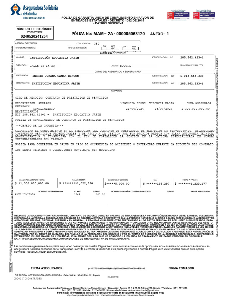 Ejemplo de Poliza de Cumplimiento | PDF | Póliza de seguros | Business