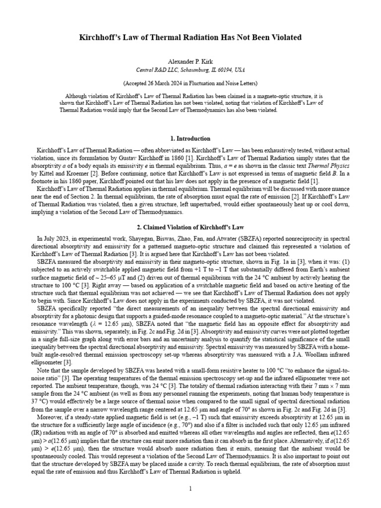 Kirchhoff's Law of Thermal Radiation Has Not Been Violated | PDF Kirchhoff's Law of Thermal Radiation Has Not Been Violated | PDF