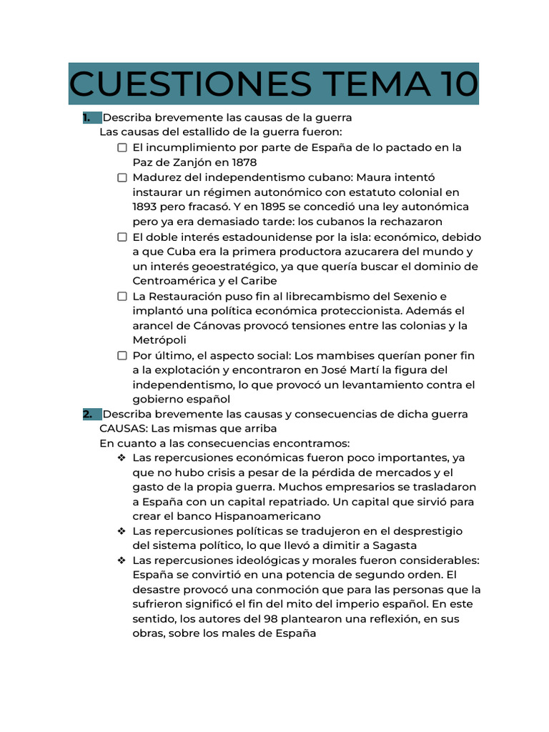 Cuestiones Tema 10 | PDF