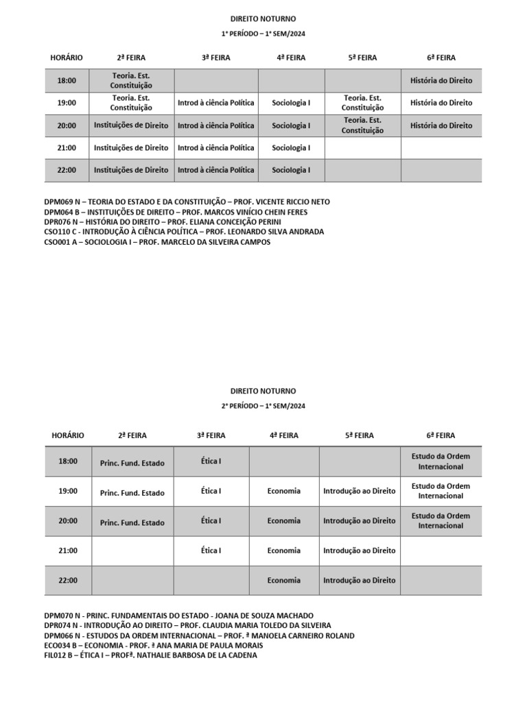 HORÁRIO NOTURNO 2024 | PDF