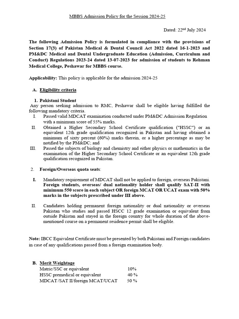 RMC Admission Policy MBBS 2024 25 | PDF
