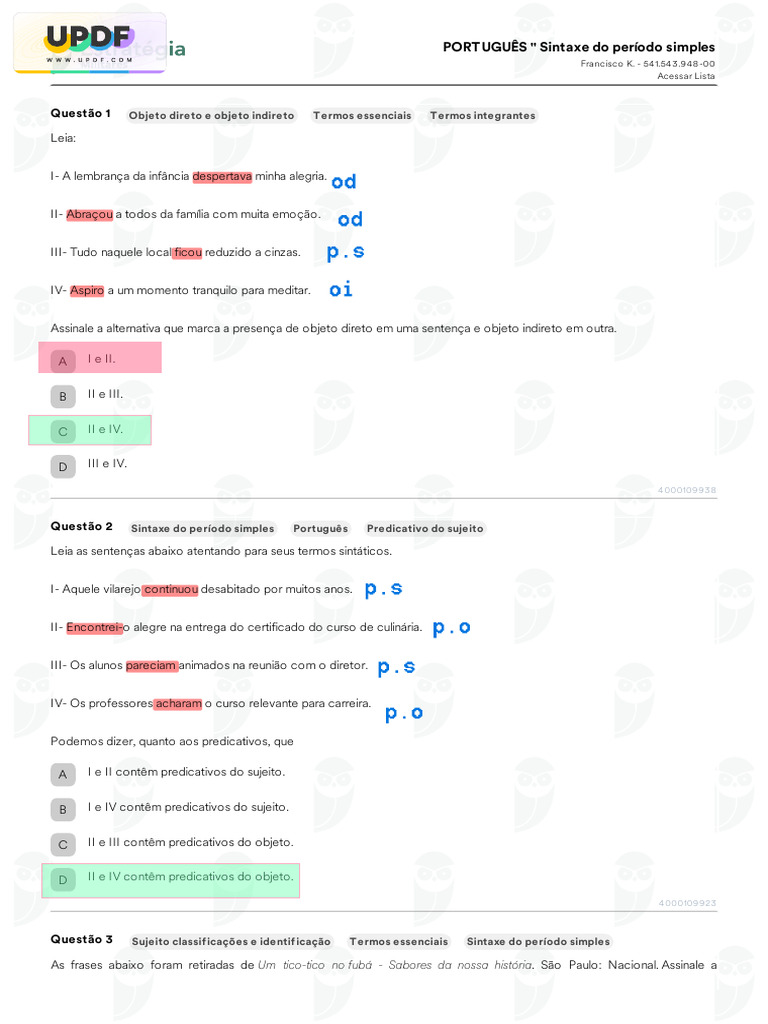 PORTUGUÊS '' Sintaxe Do Período Simples | PDF