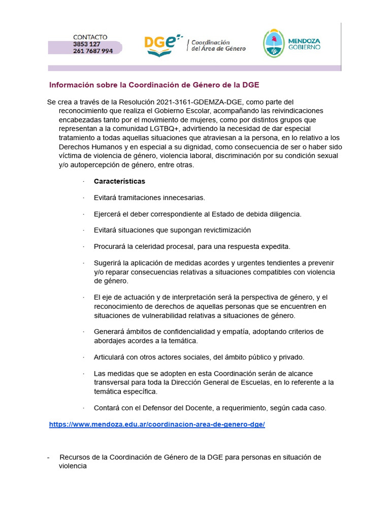 Información sobre la Coordinación de Género de la DGE | PDF