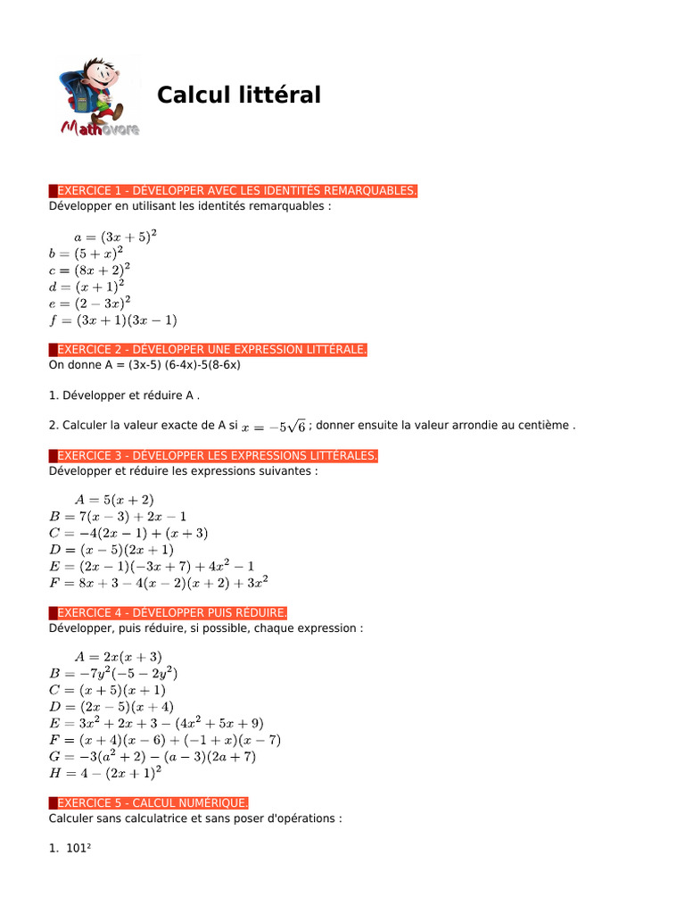 Calcul Litteral Exercices de Maths en 3eme Corriges en PDF | PDF