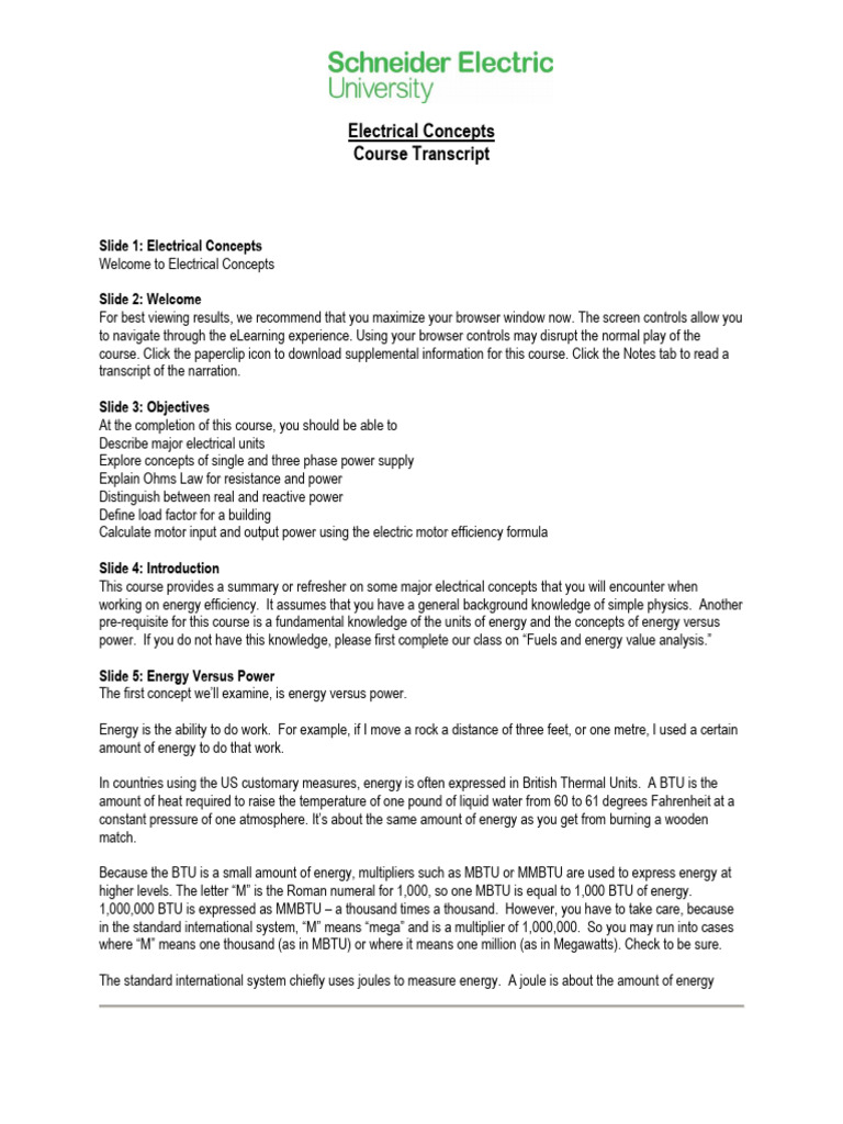 Electrical Concepts Transcript | PDF