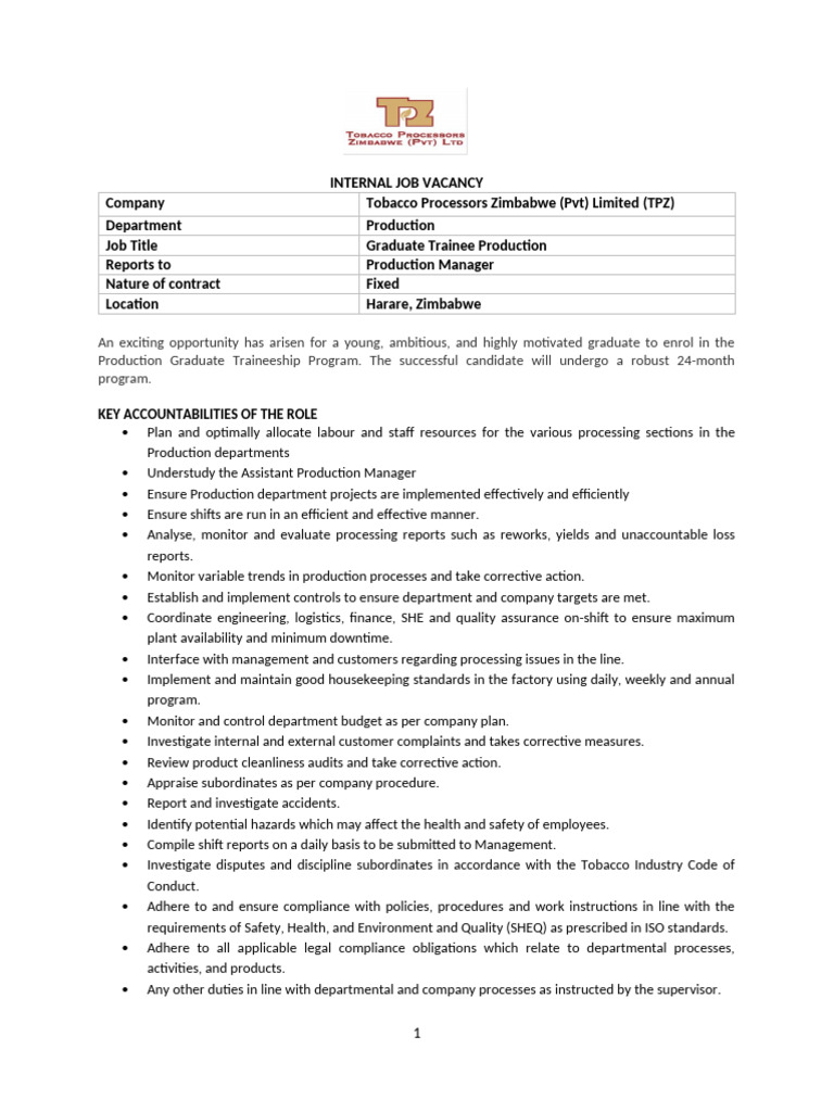 Internal Advert Job Vacancy - Graduate Trainee - Production | PDF