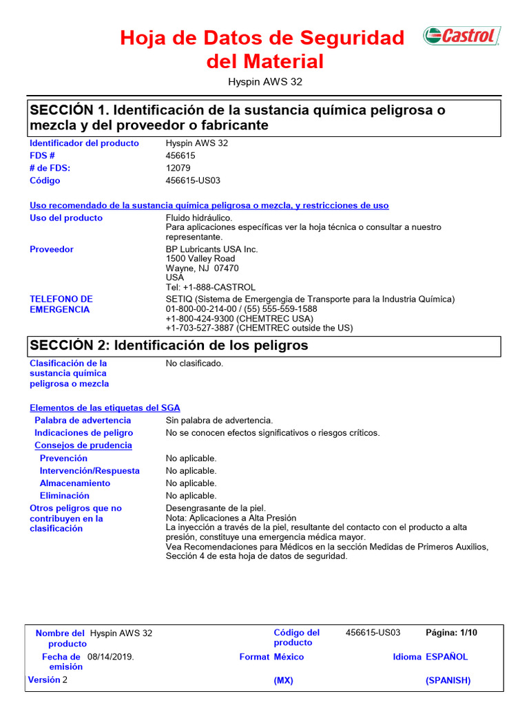 Castrol Hyspin AWS 32 MSDS | PDF