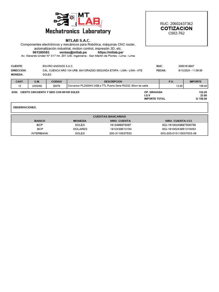Cotizacion C002 762 20241009 | PDF