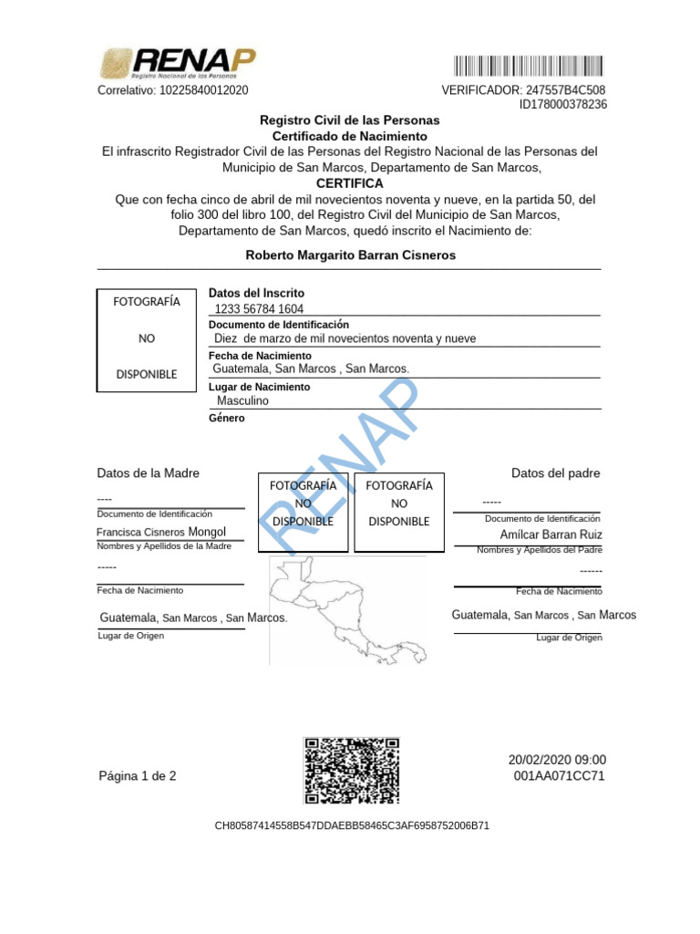 Certificado de Nacimiento Renap | PDF