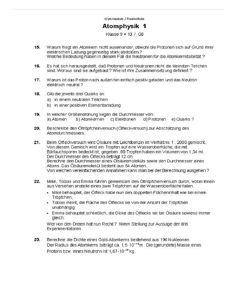 Atomphysik 1 - Klasse 9-10 Atomaufbau 2 | PDF