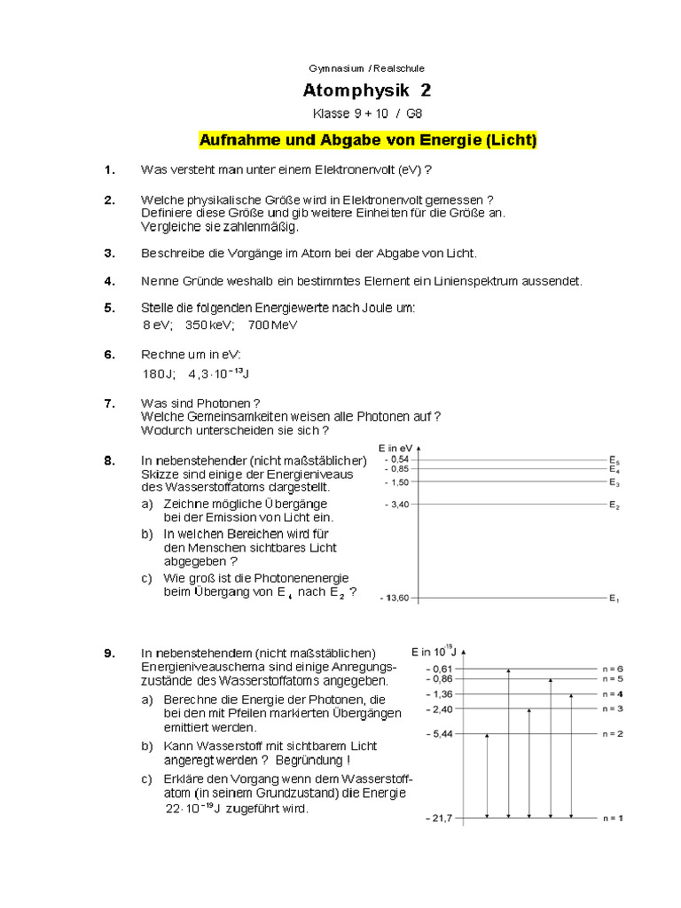 Atomphysik 2 - Klasse 9-10 Energie 1-9 | PDF