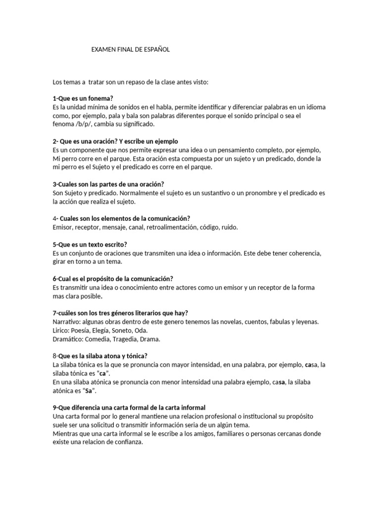 Examen Final de Español | PDF