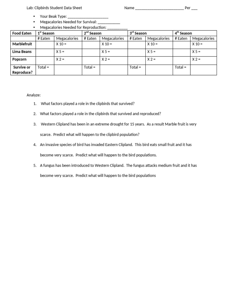 Clipbird Student Data Sheet | PDF