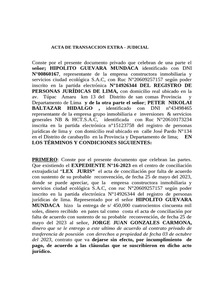 Acta de Transaccion Extra | PDF