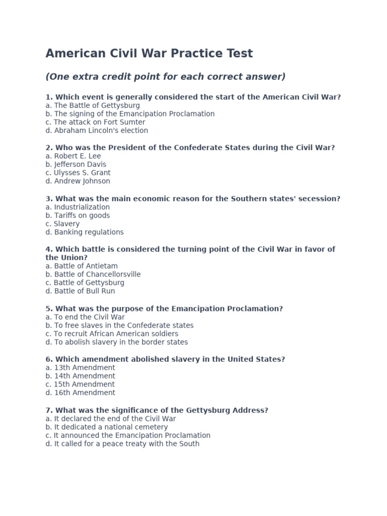 US Civil War Practice Test | PDF | American Civil War | Confederate ...