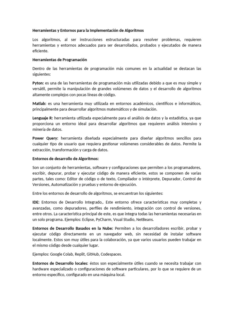 Herramientas y Entornos para La Implementación de Algoritmos | PDF | Entorno de desarrollo ...