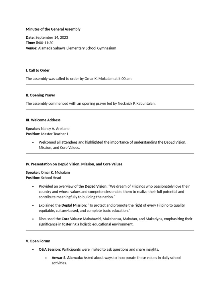 General Assembly Minutes - DepEd Vision 2023 | PDF | Career & Growth