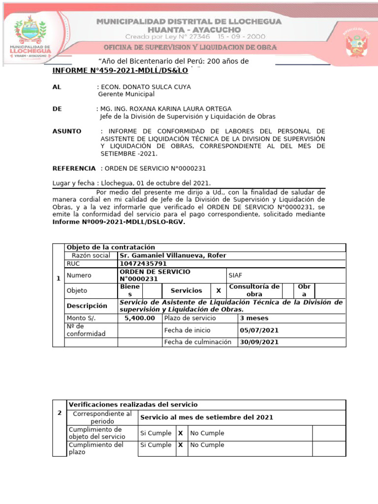 Informe Nº459-2021 Conformidad de Pago | PDF