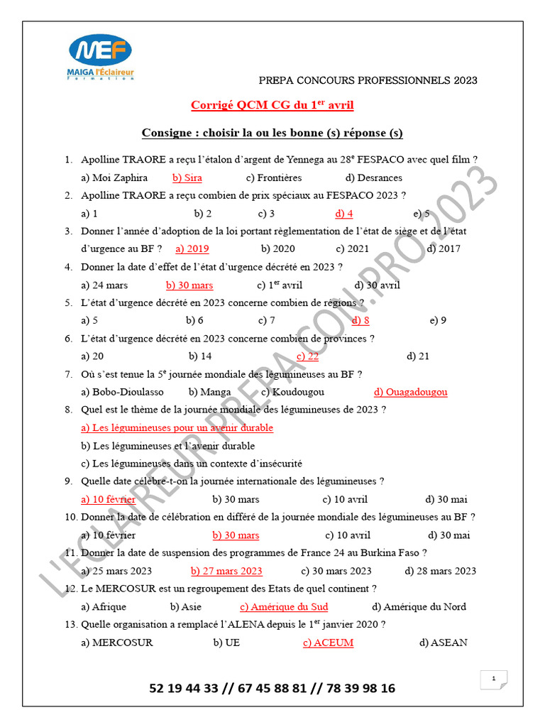 Corrigé QCM CG Du 1er Avril | PDF