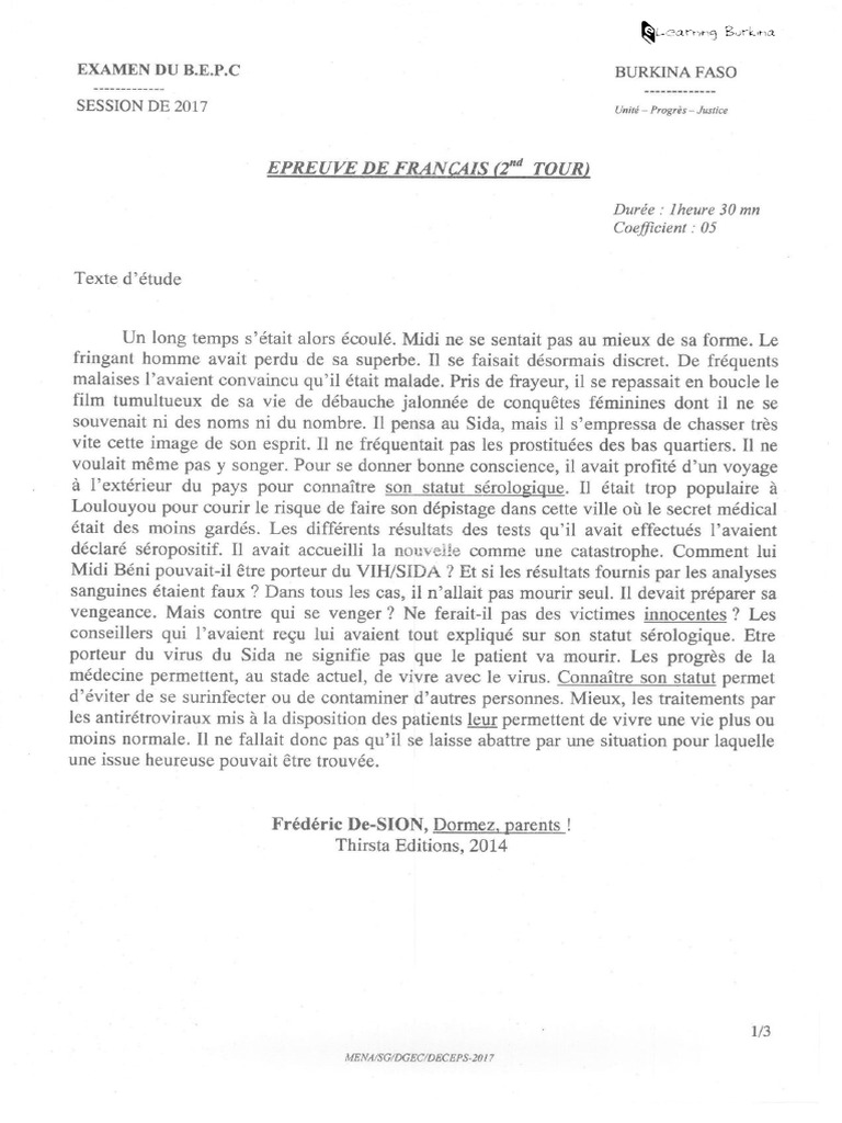 BEPC 2018 Francais 2ndtour | PDF