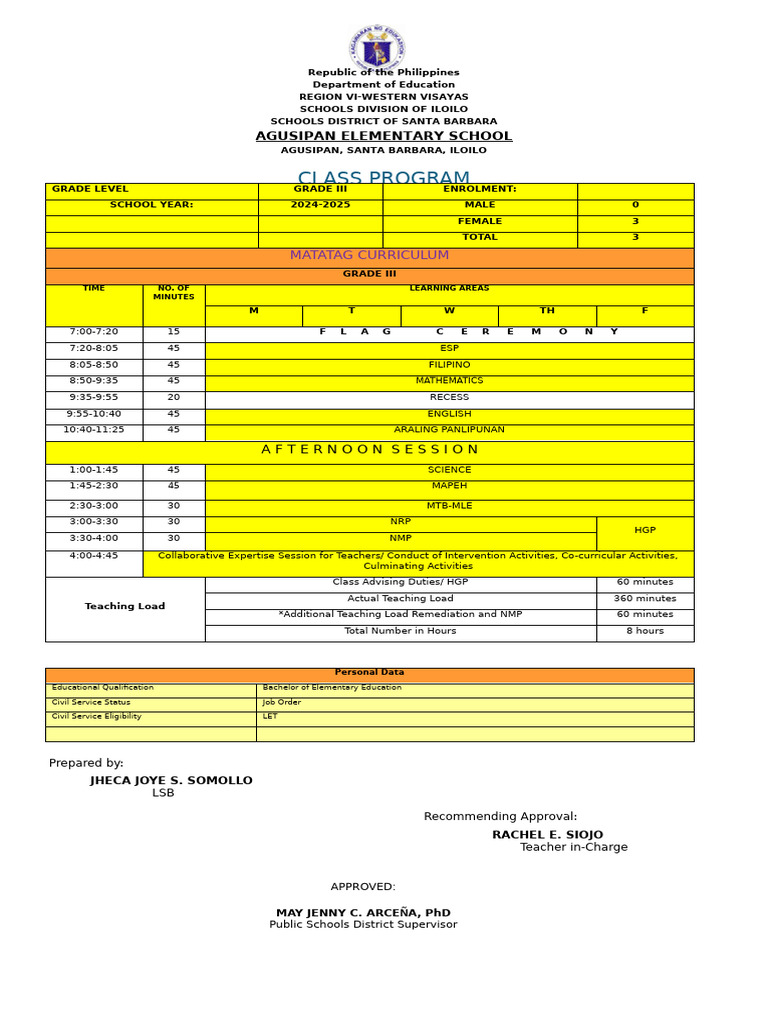 Grade 3 Class Program | PDF