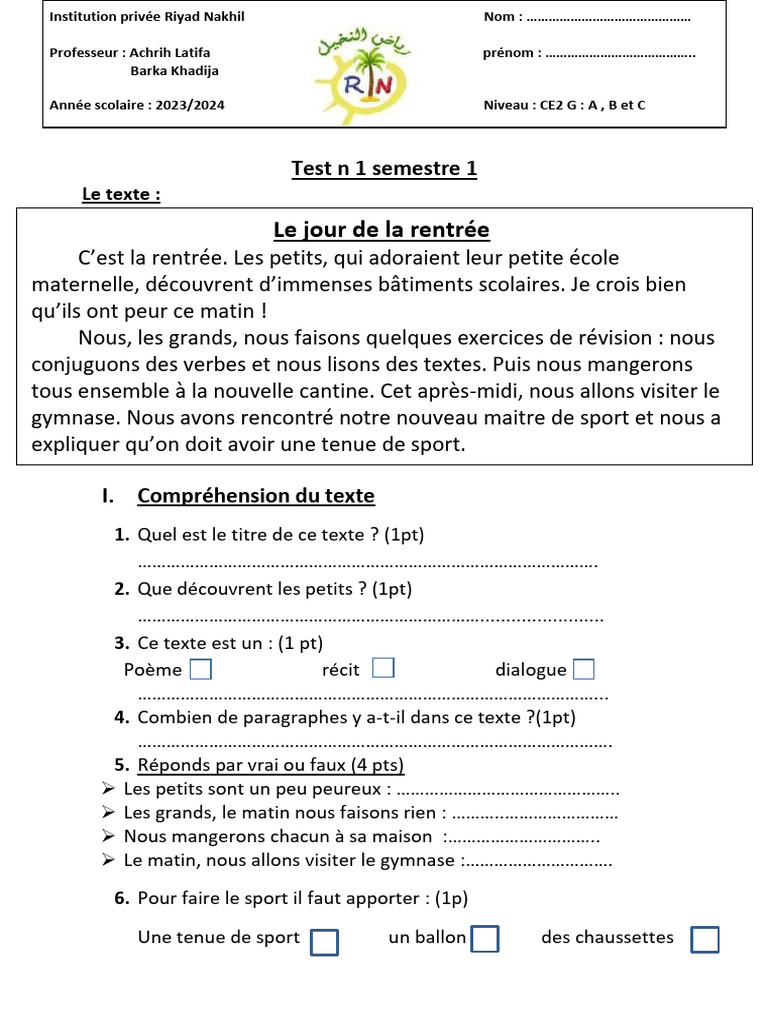 Le Jour de La Rentrée Ce2 | PDF