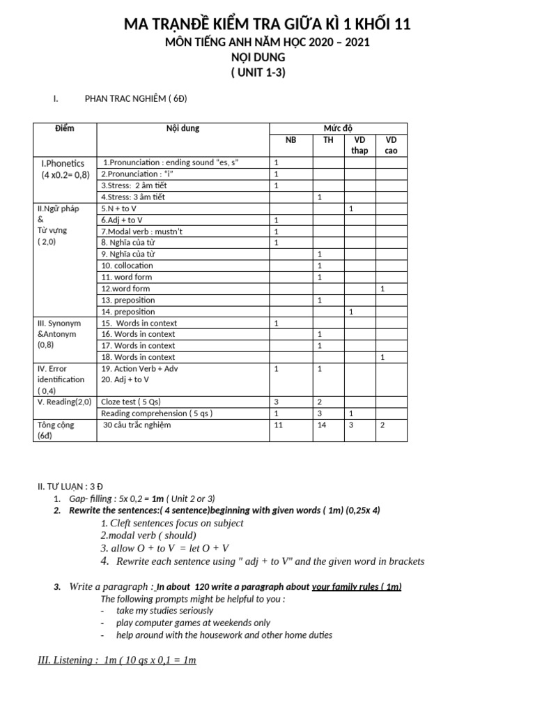 Ma Tran de KT Giua Ki K11 HK1 | PDF