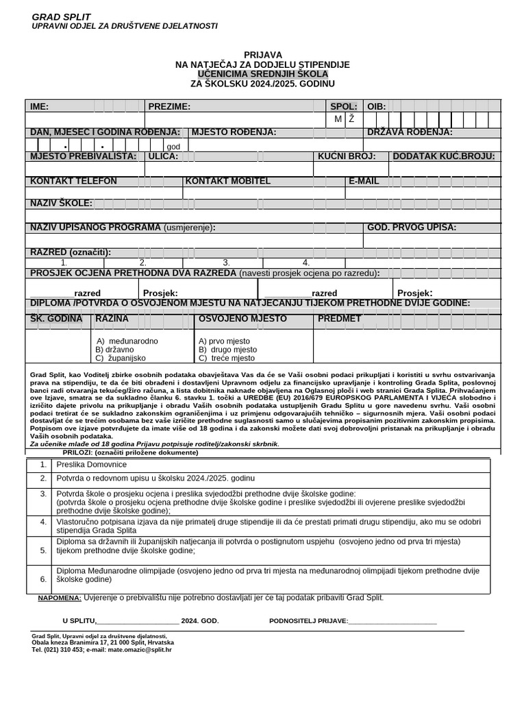 STIPENDIJE 2024. 2045. Učenici Obrazac Prijave | PDF
