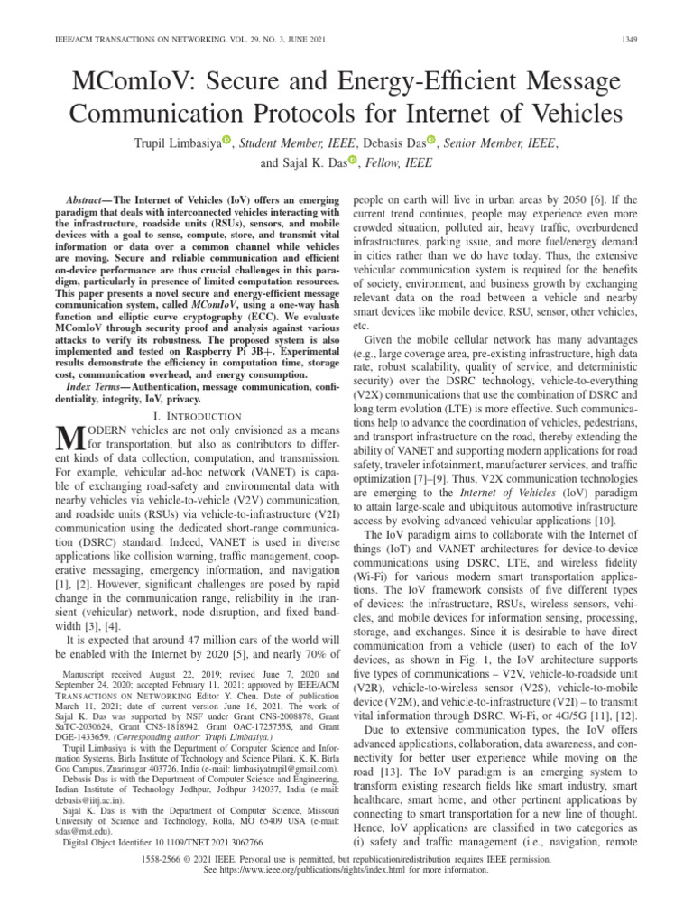 MComIoV Secure and Energy-Efficient Message Communication Protocols | PDF