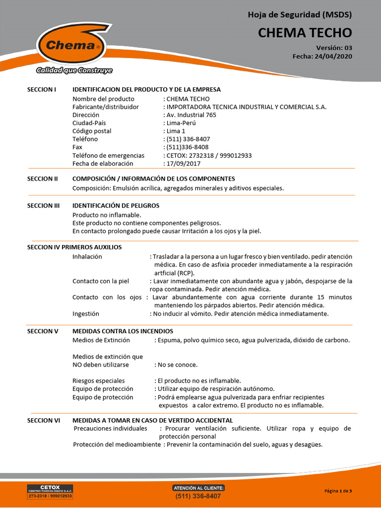 Chema Techo - Hoja Msds | PDF