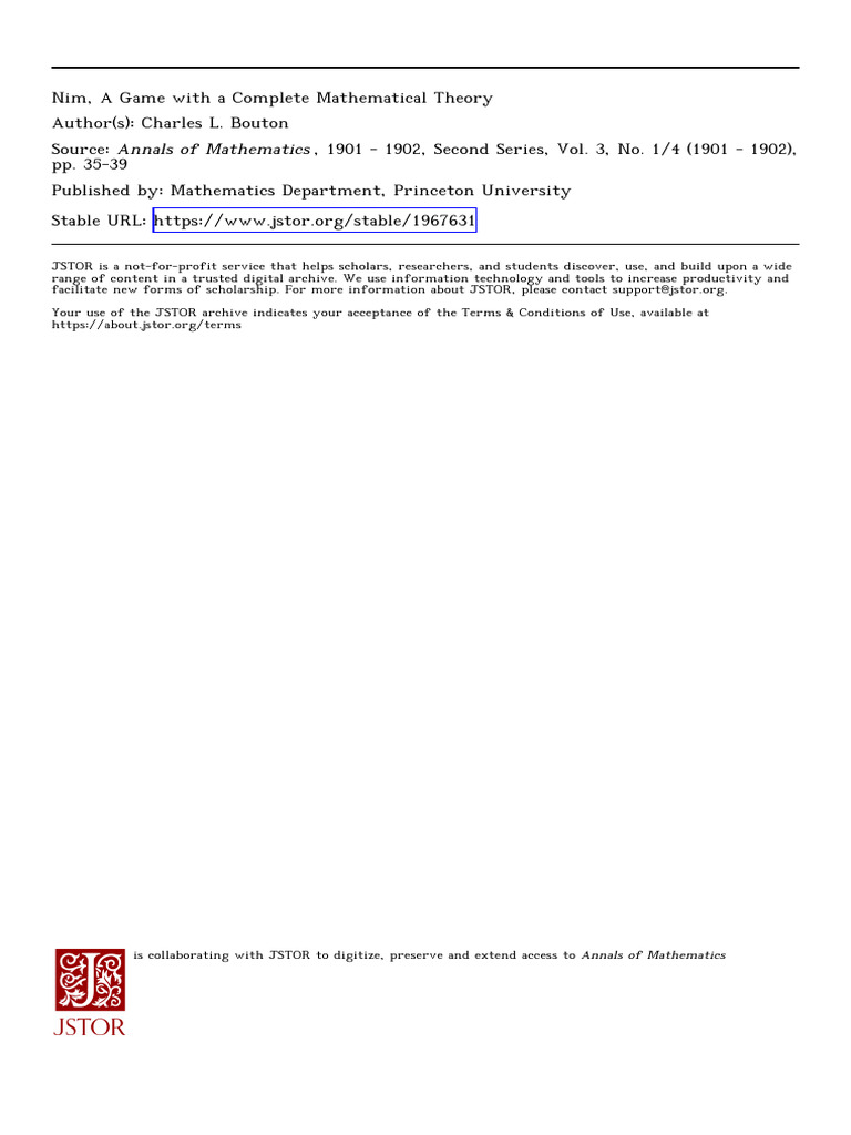 Nim A Game With A Complete Mathematical Theory | PDF | Mathematical Logic | Mathematics