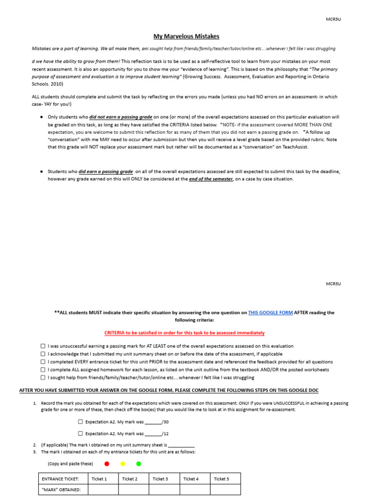 My Marvelous Mistakes - Unit 1A Assessment #2 | PDF
