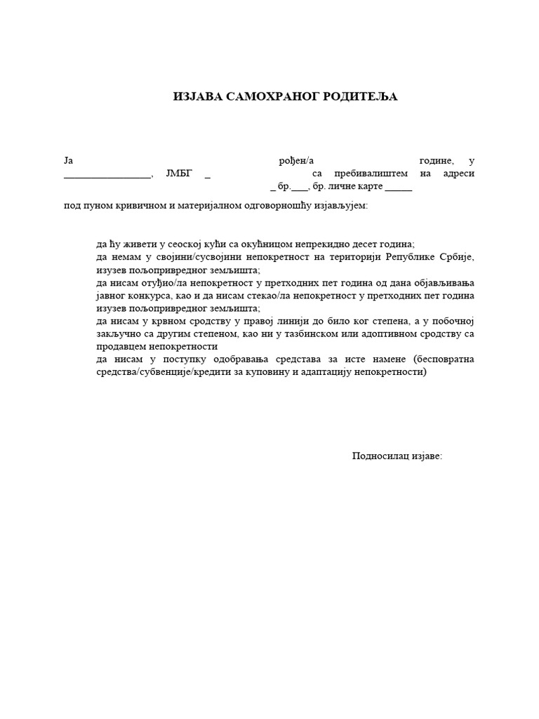 5 Izjava Samohranog Roditelja Pdf