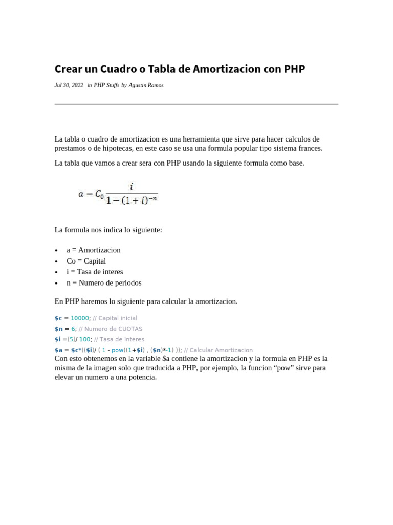 Crear Un Cuadro o Tabla de Amortizacion Con PHP | PDF | Interés