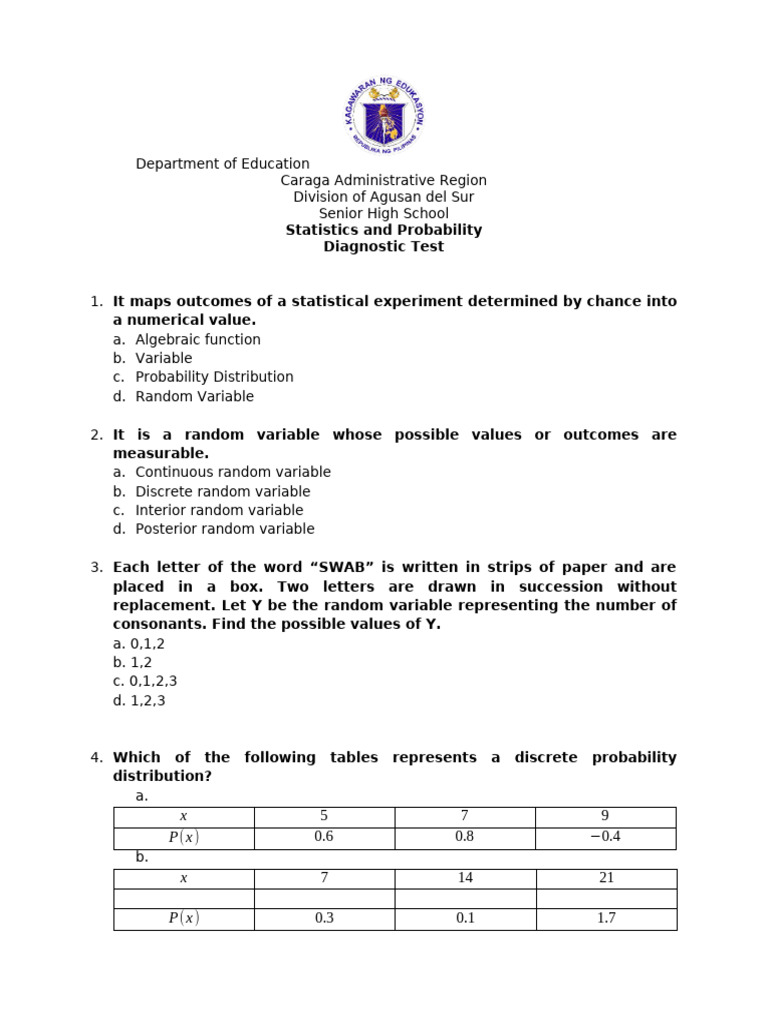 Diagnostic Test Stat and Prob L. Apas Edited | PDF | Probability ...