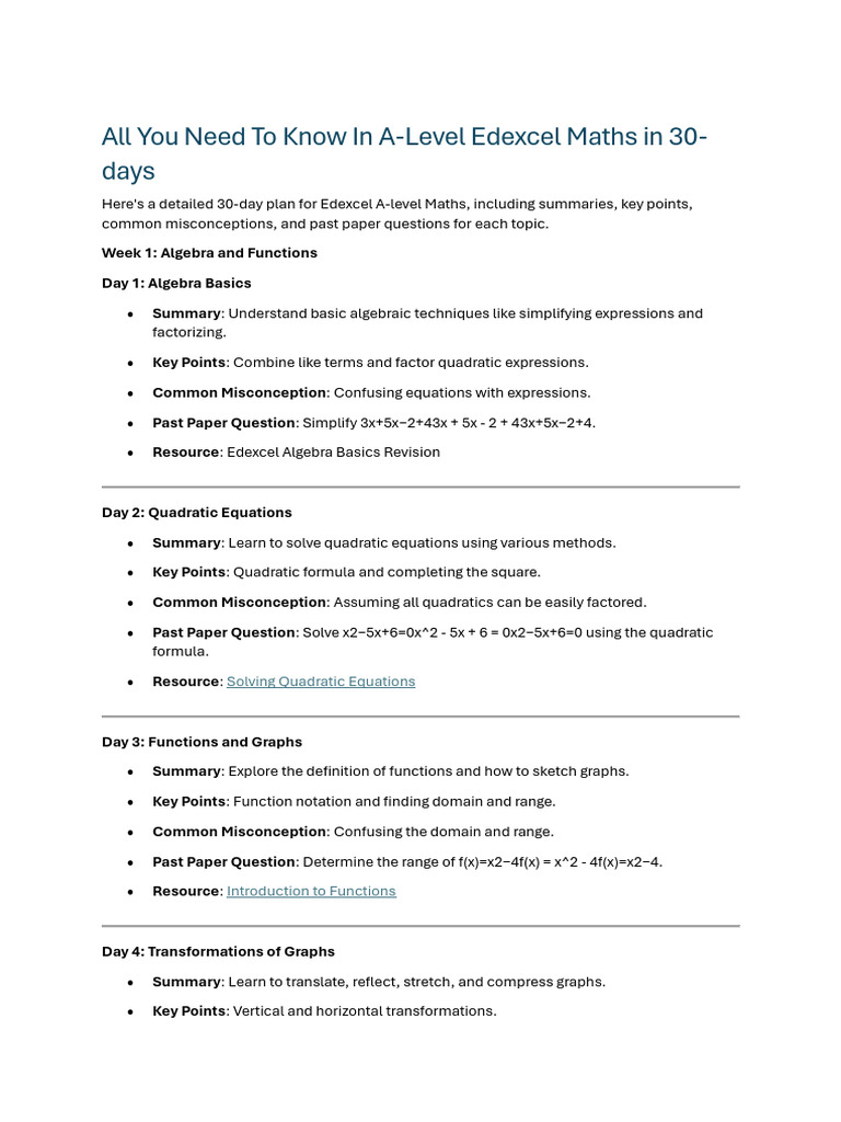 All You Need To Know For Edexcel Alevel Mathematics in 30 Days | PDF