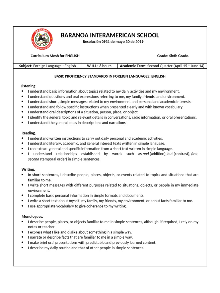 6G English Curriculum 2024 (2Q) | PDF