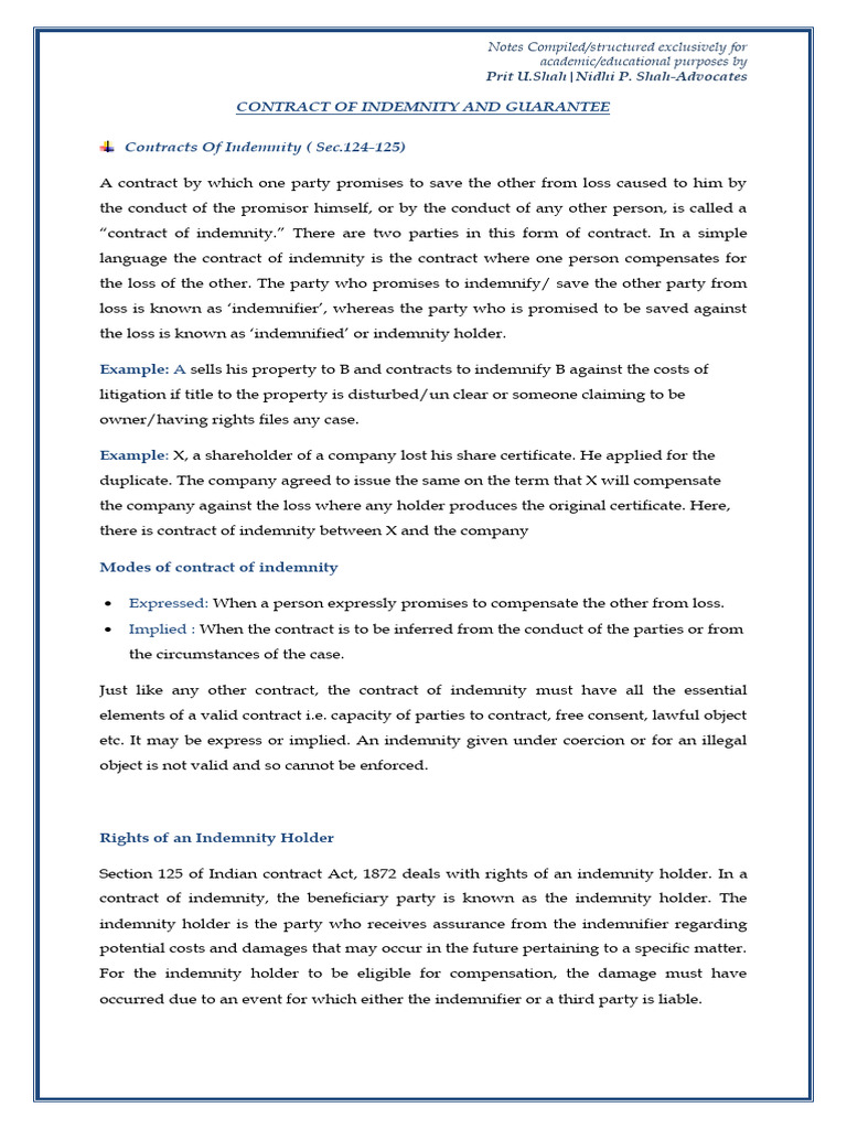 Contract of Indemnity and Guarantee | PDF