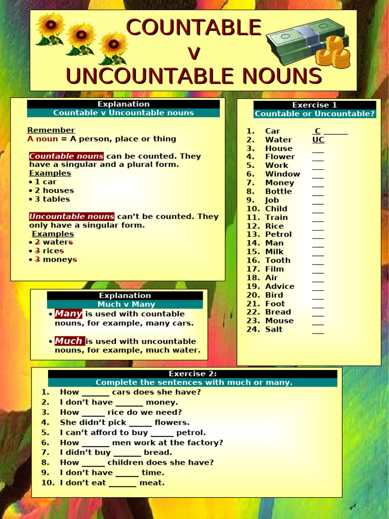 Countable V Uncountable Nouns, Much V Many | PDF | Noun | Grammar