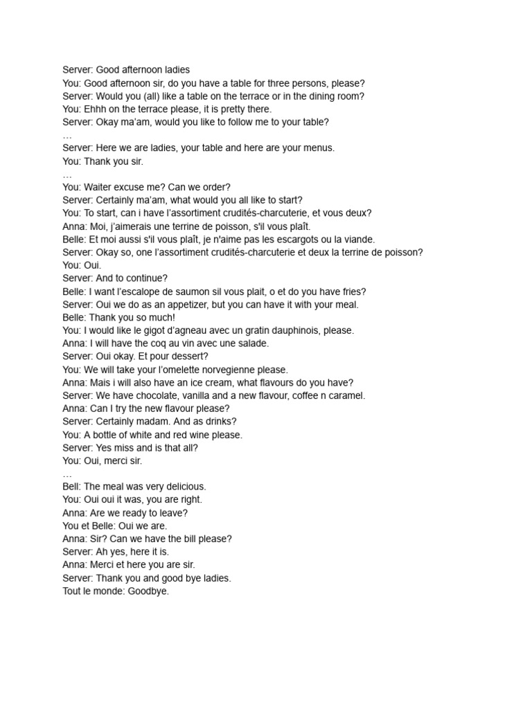 French Restaurant Dialogue | PDF